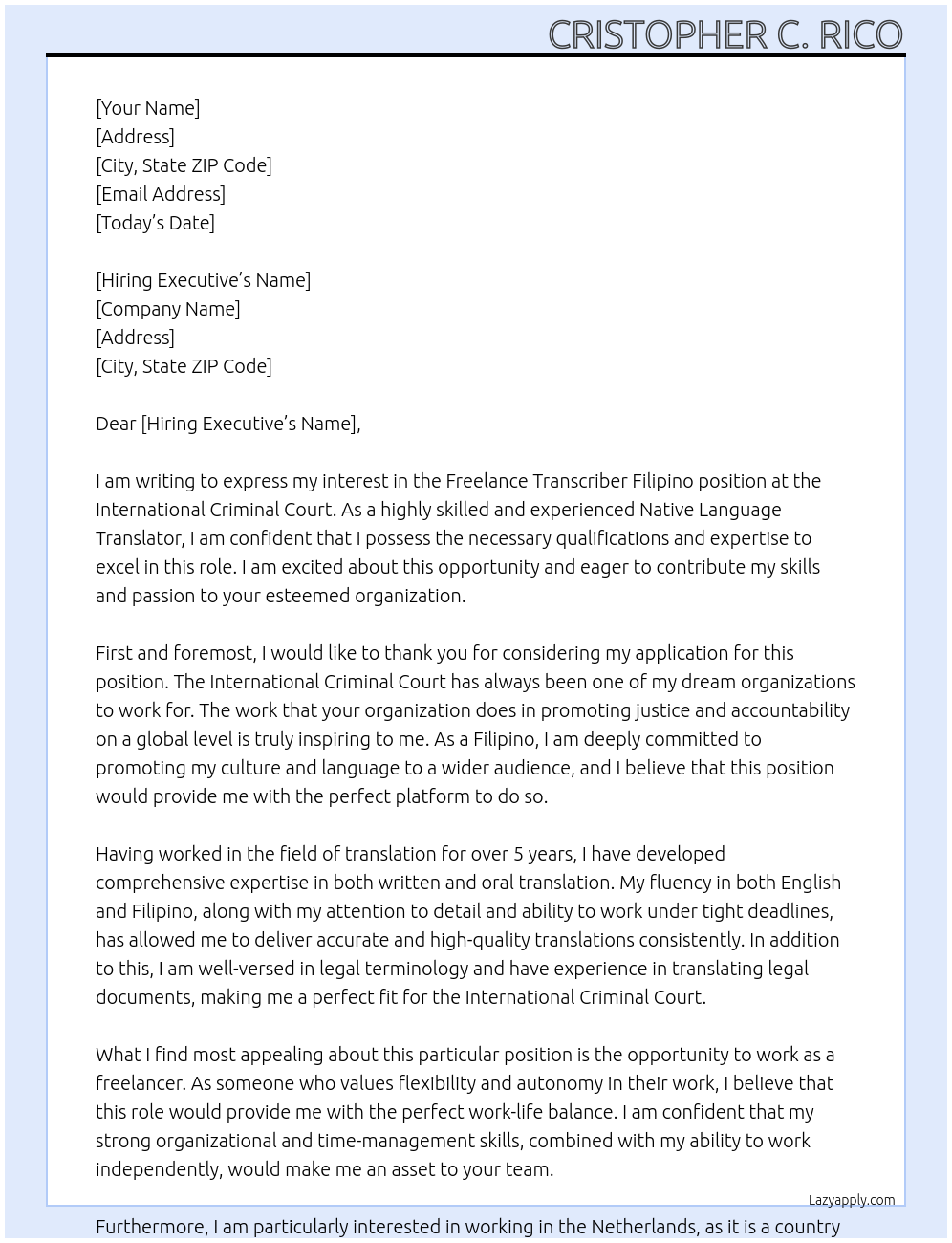 Cover letter for freelance transcriber filipino - LazyApply