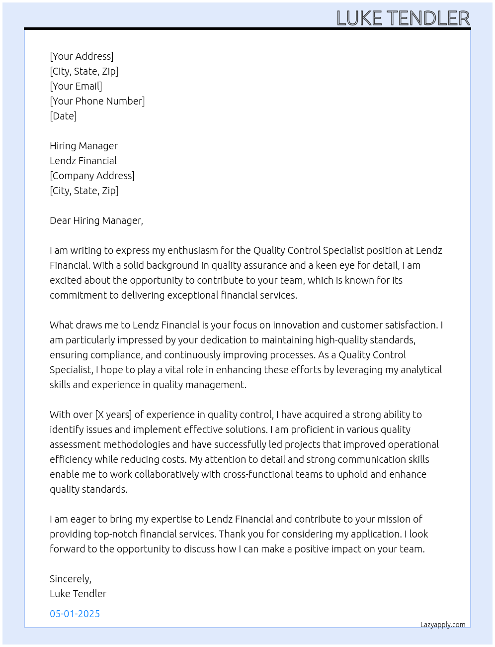 Cover letter for quality control specialist - LazyApply
