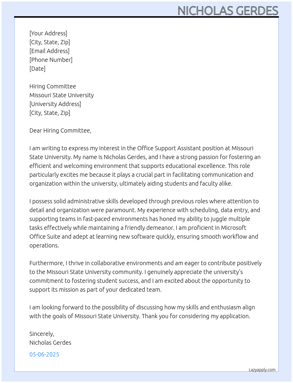 Cover letter for office support assistant - LazyApply