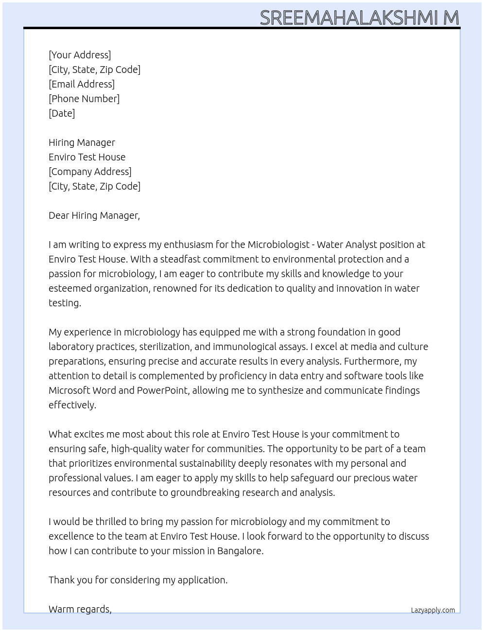 Cover letter for microbiologist - water analyst - LazyApply