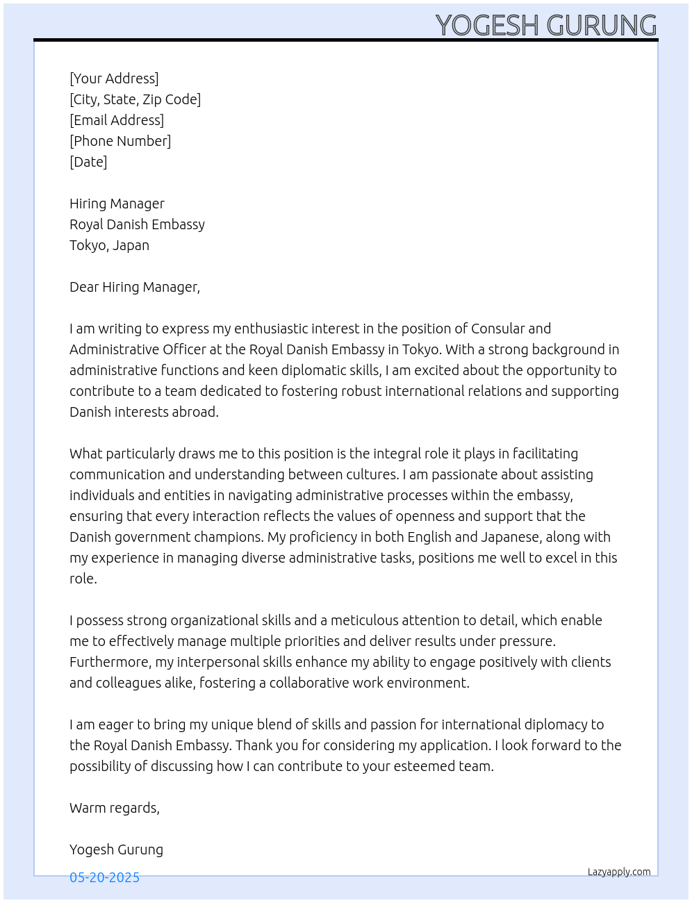 Cover letter for consular and administrative officer - LazyApply