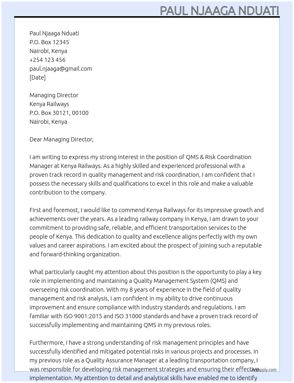 Cover letter for qms & risk coordination manager - LazyApply