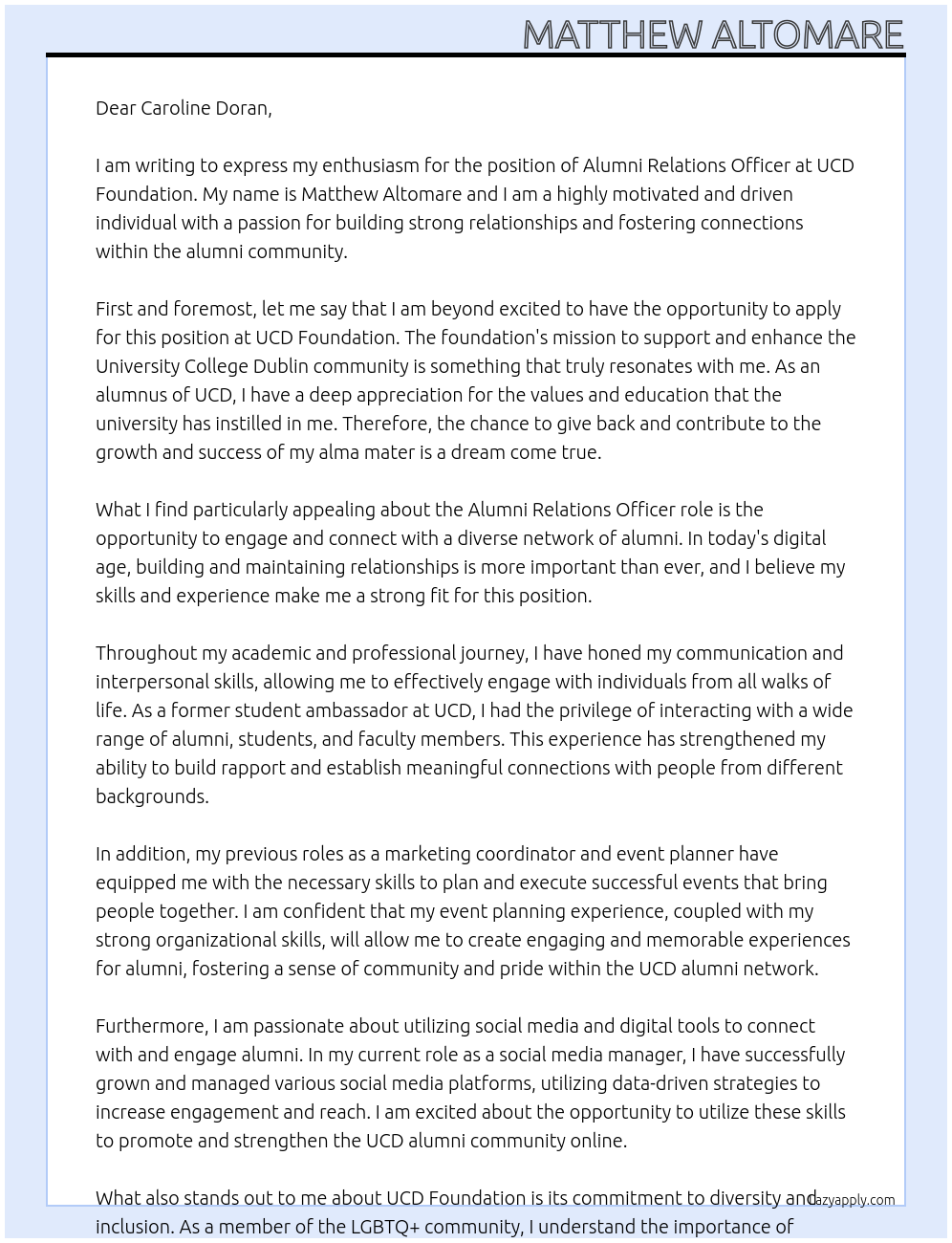Cover letter for alumni relations officer - LazyApply