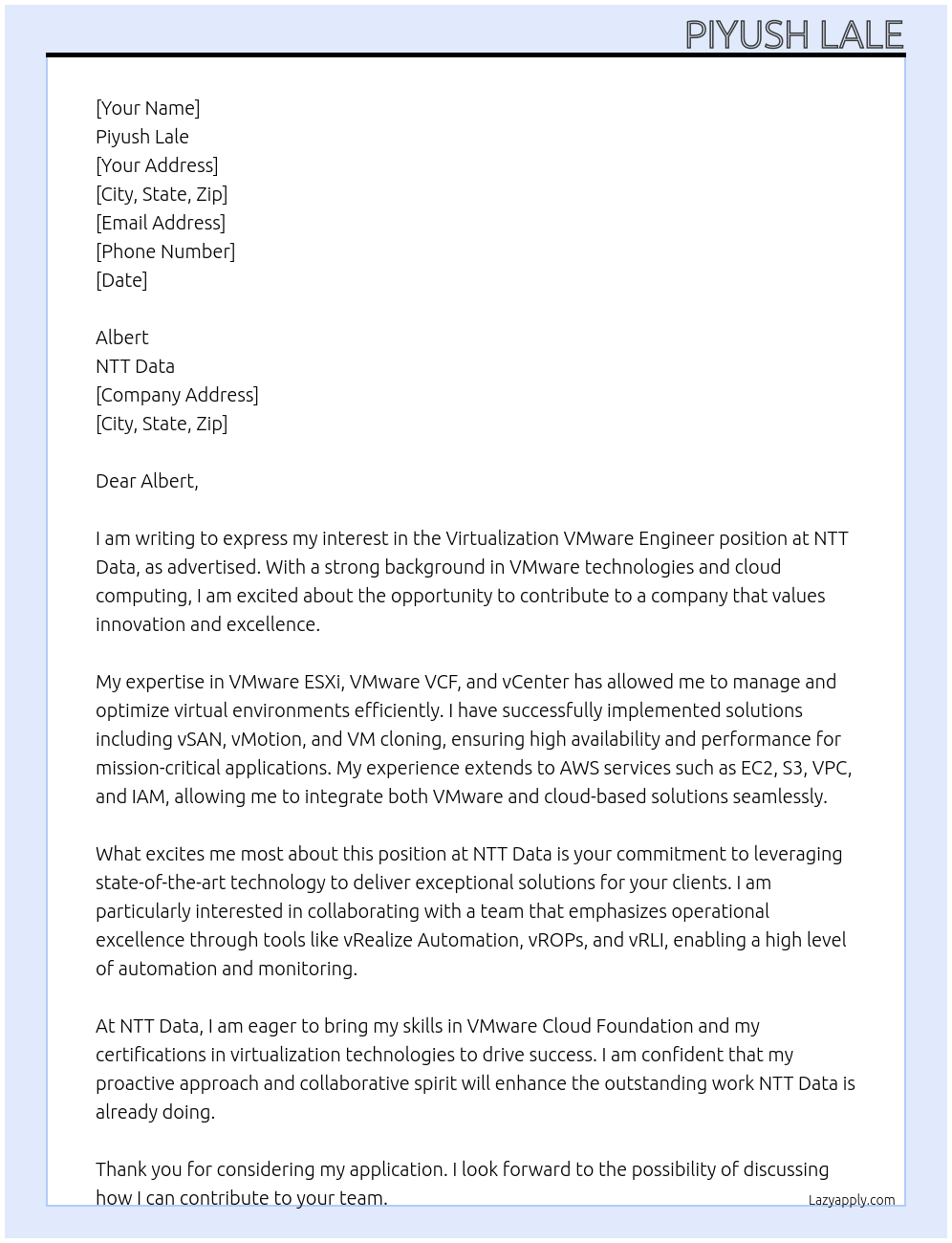 Cover letter for virtualization vmware engineer - LazyApply