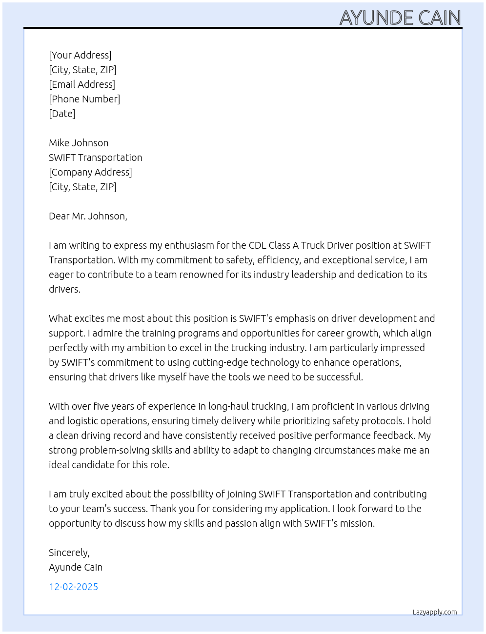 Cover letter for cdl class a truck driver - LazyApply