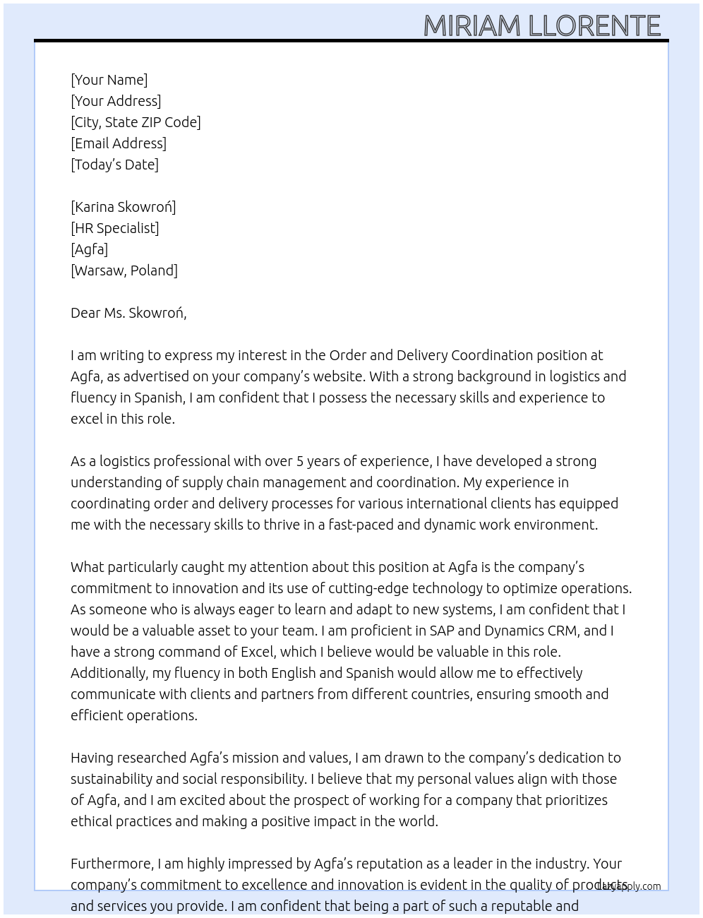 Cover letter for order and delivery coordination with spanish - LazyApply