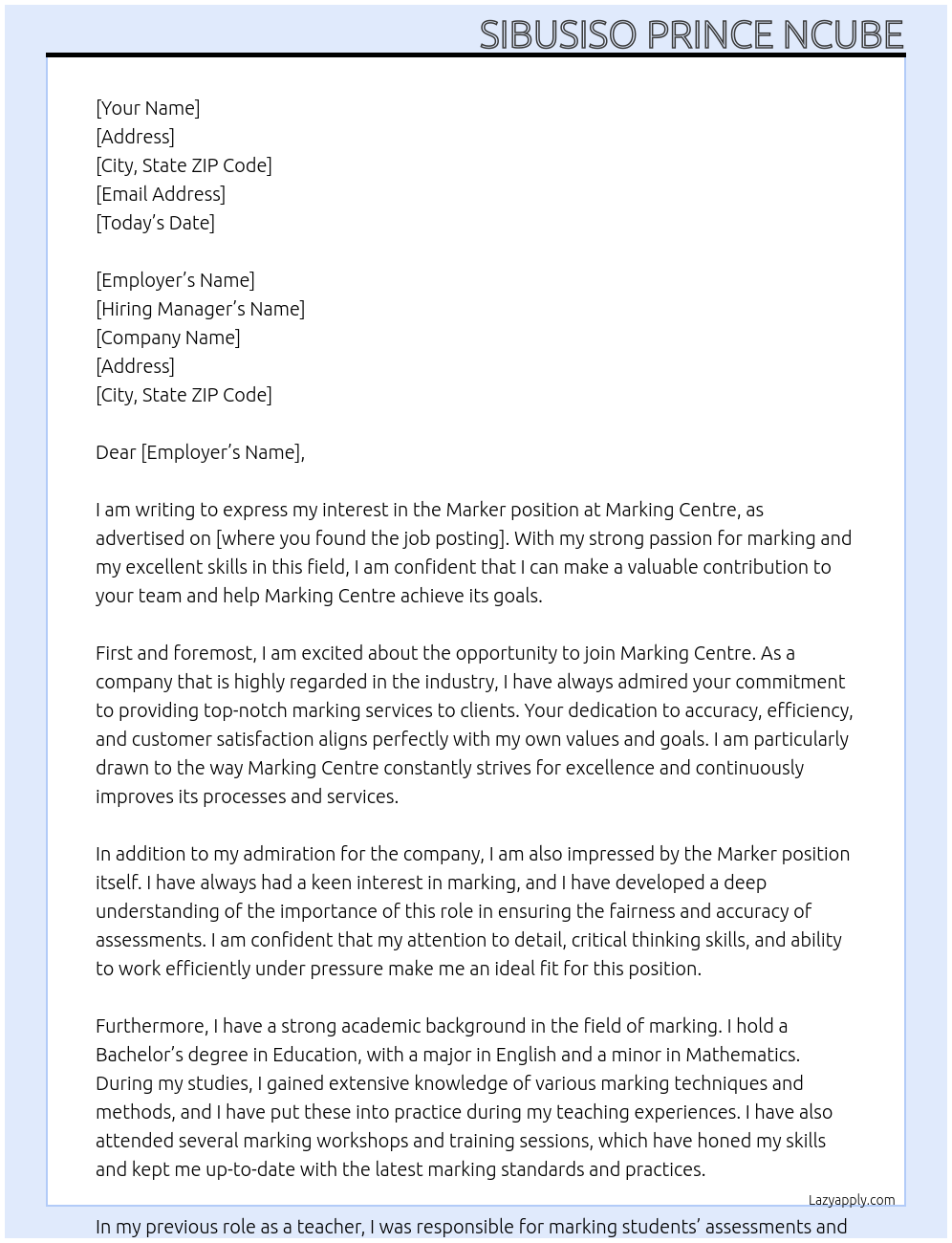 Cover letter for marker - LazyApply