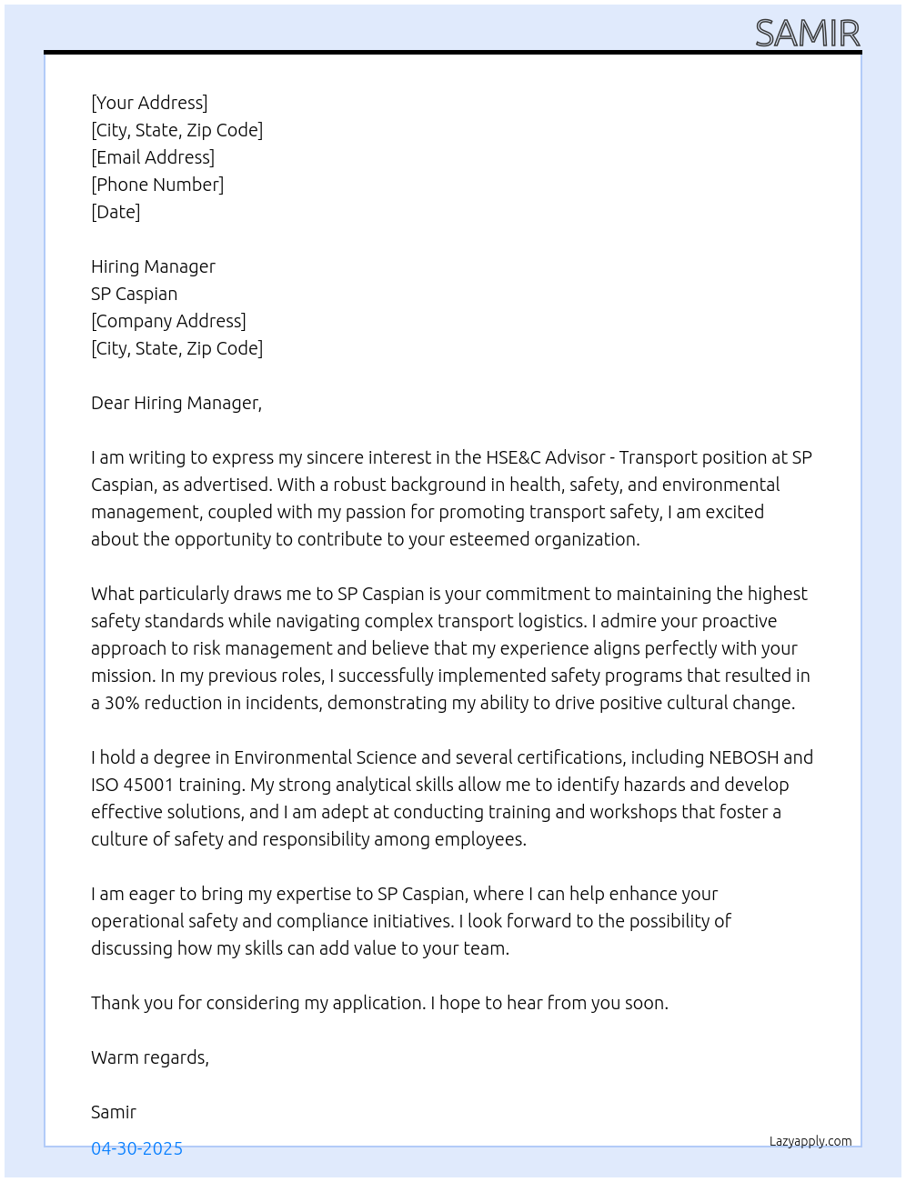 Cover letter for hse&c advisor -transport - LazyApply