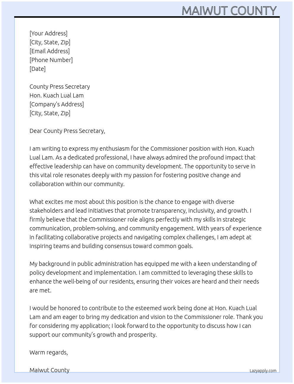 Cover letter for commissioner - LazyApply