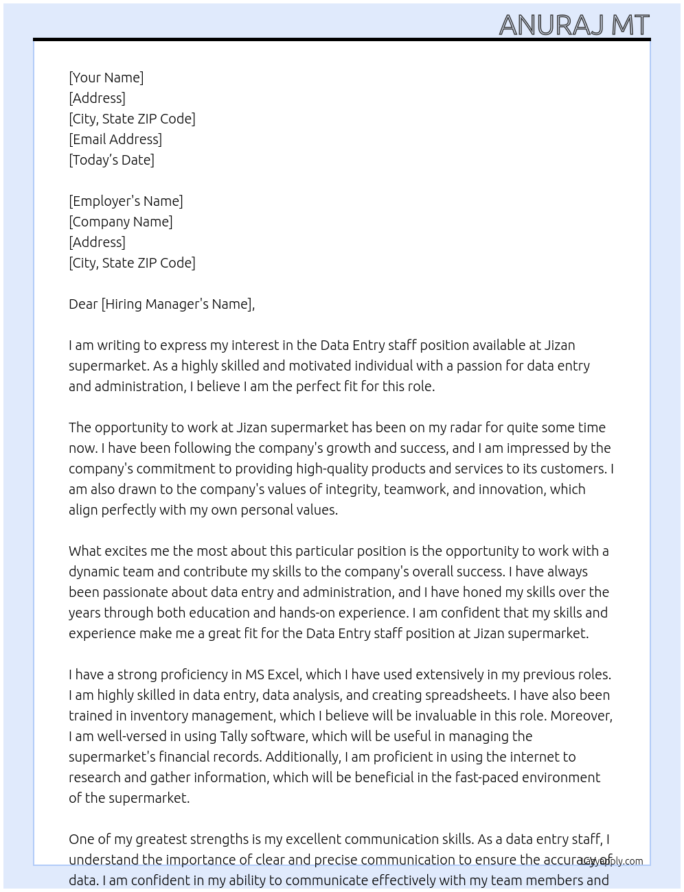 Cover letter for data entry staff - LazyApply