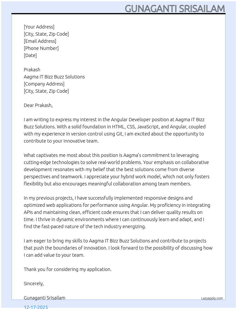Cover letter for angular - LazyApply
