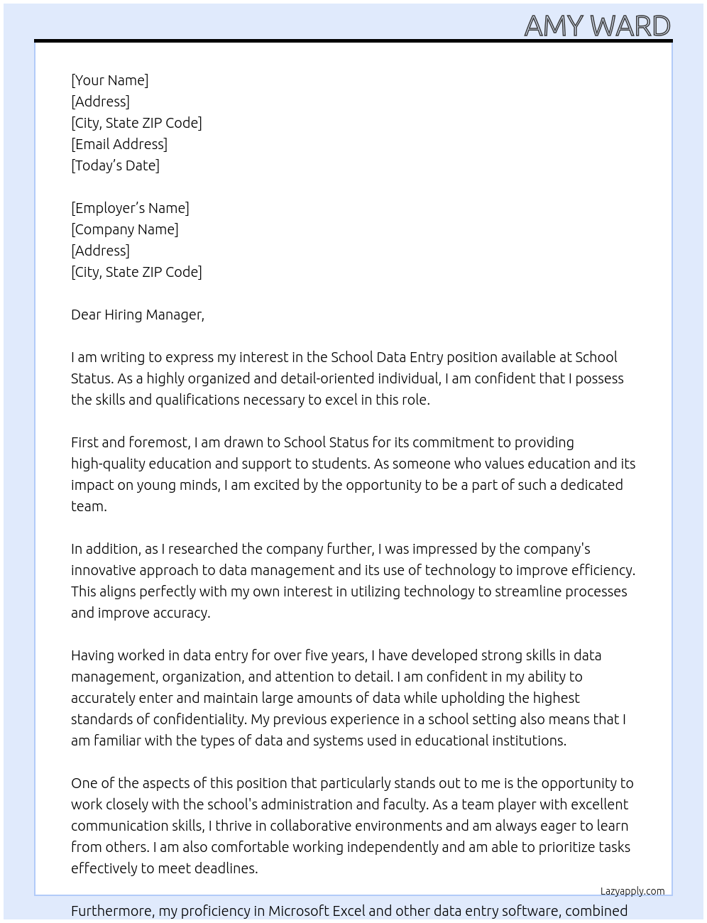 Cover letter for school data entry - LazyApply