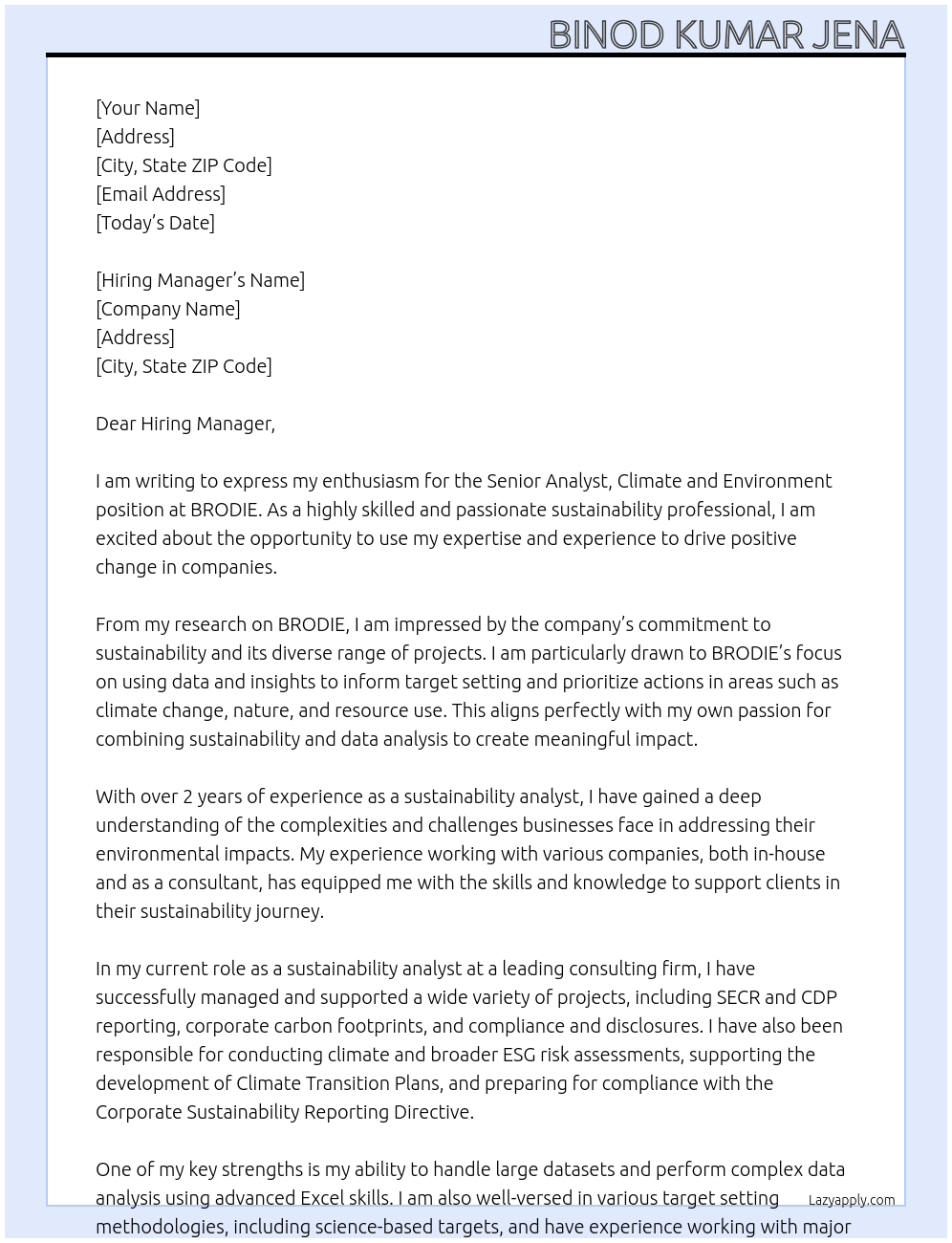 Cover letter for senior analyst, climate and environment - LazyApply