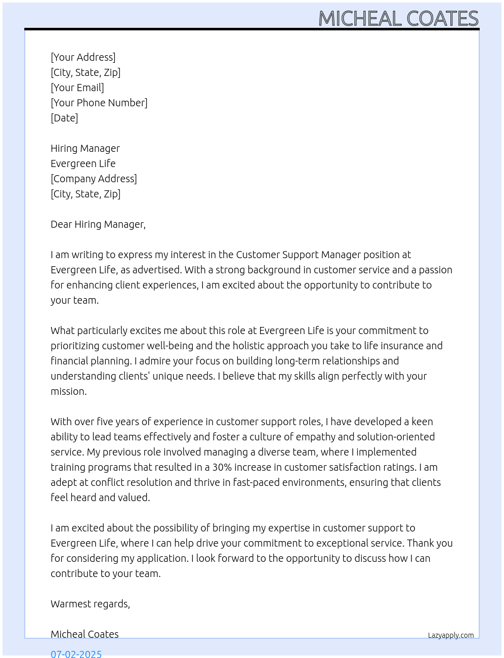 Cover letter for customer support manager - LazyApply