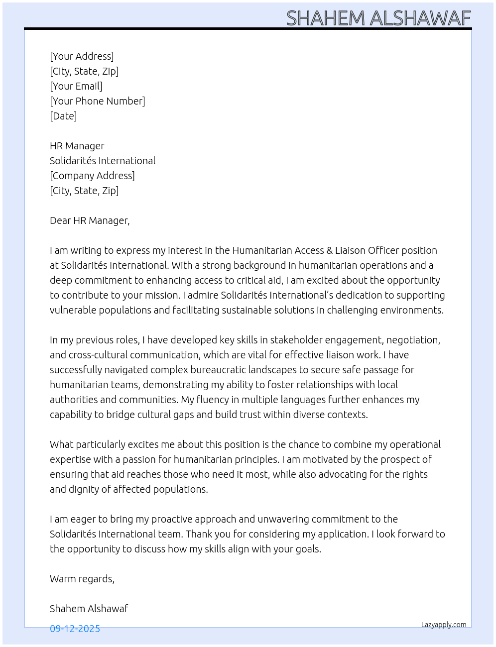 Cover letter for humanitarian access & liaison officer - LazyApply