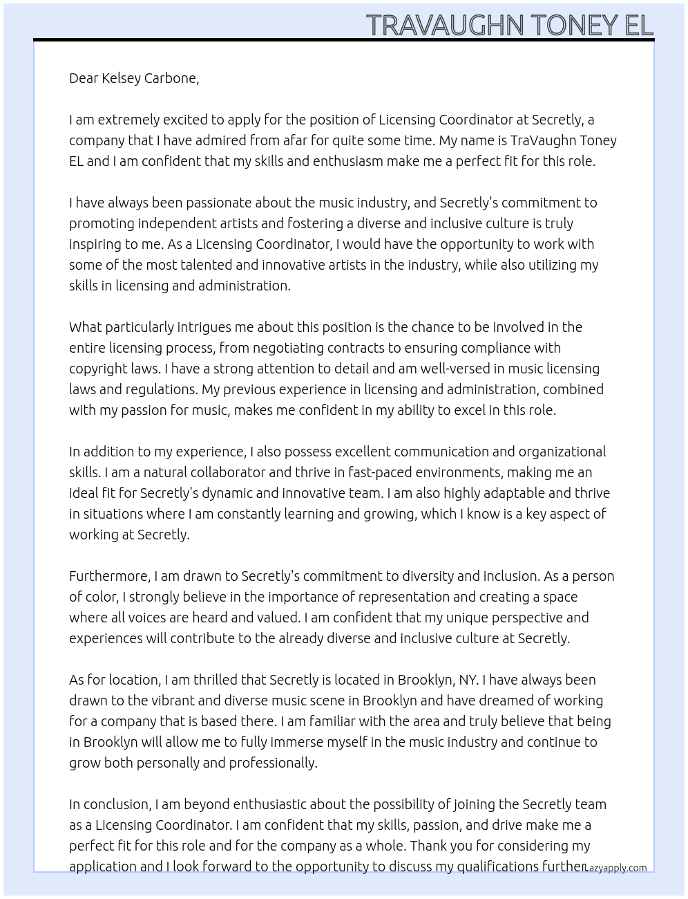 Cover letter for licensing coordinator - LazyApply