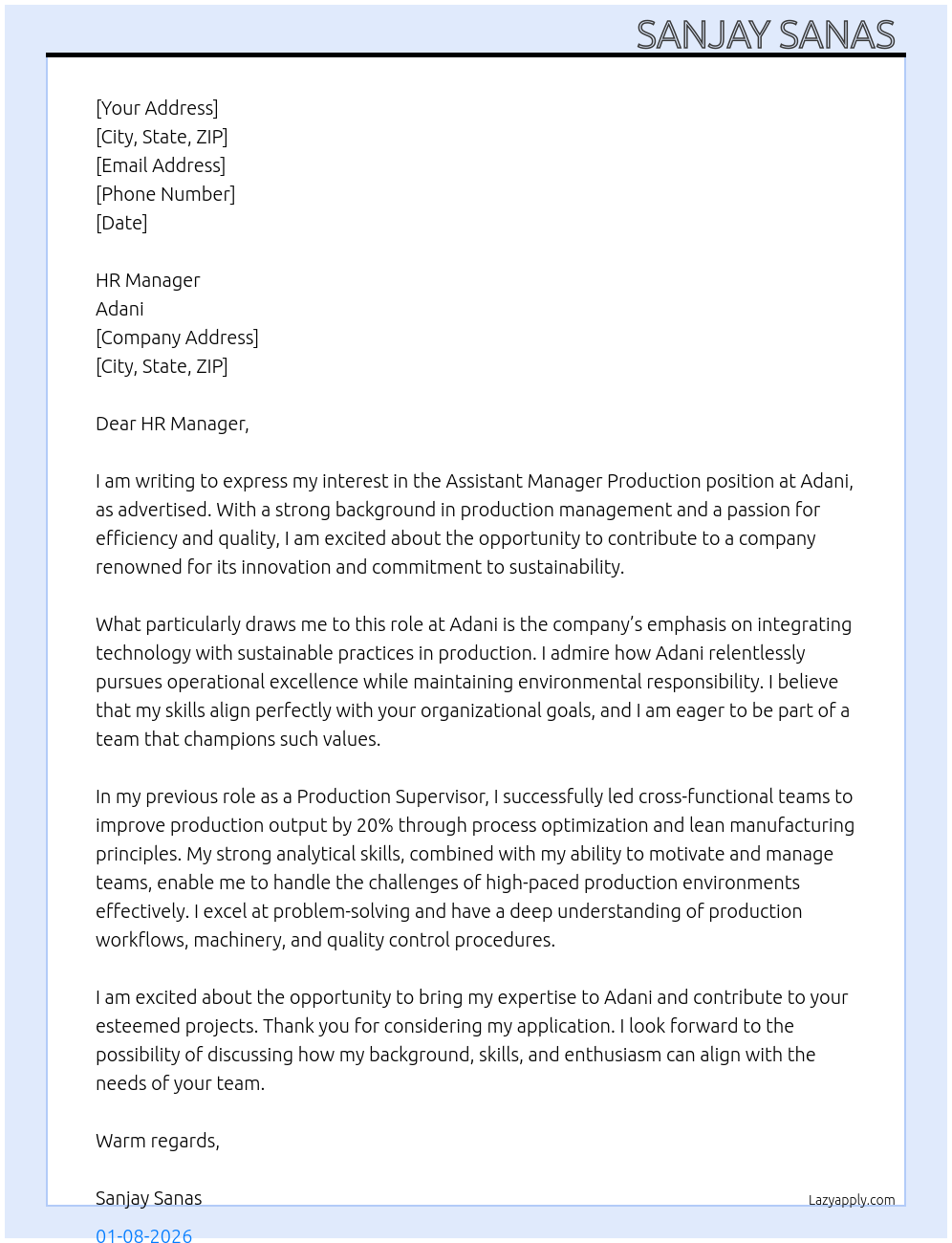 Cover letter for assistant manager production - LazyApply