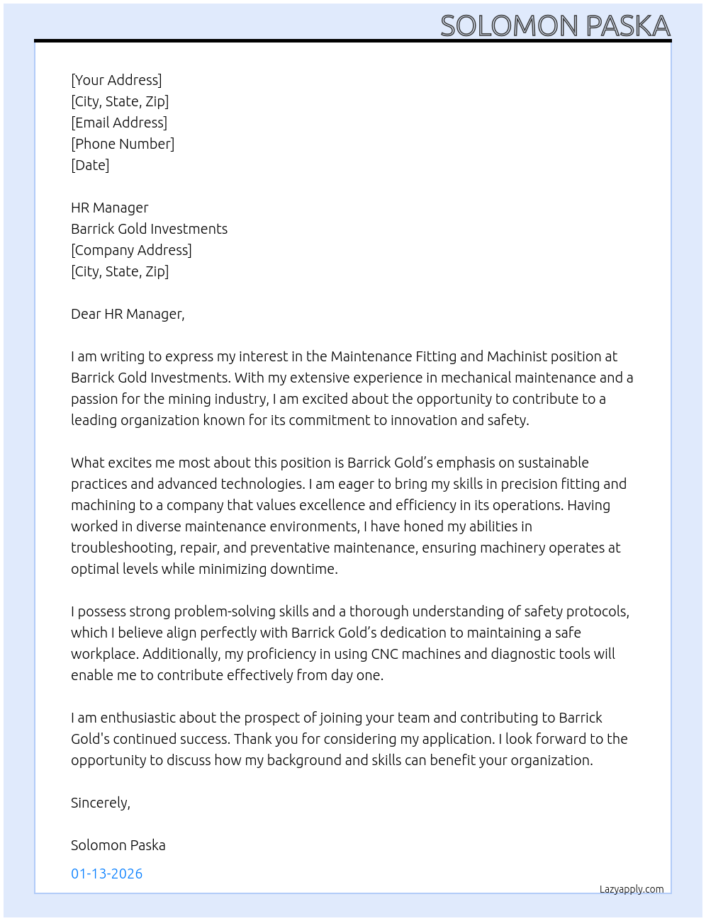 Cover letter for maintenance fitting and machinist - LazyApply