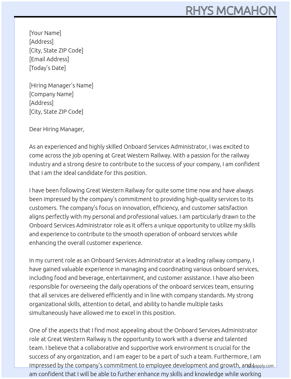 Cover letter for on board services administrator - LazyApply