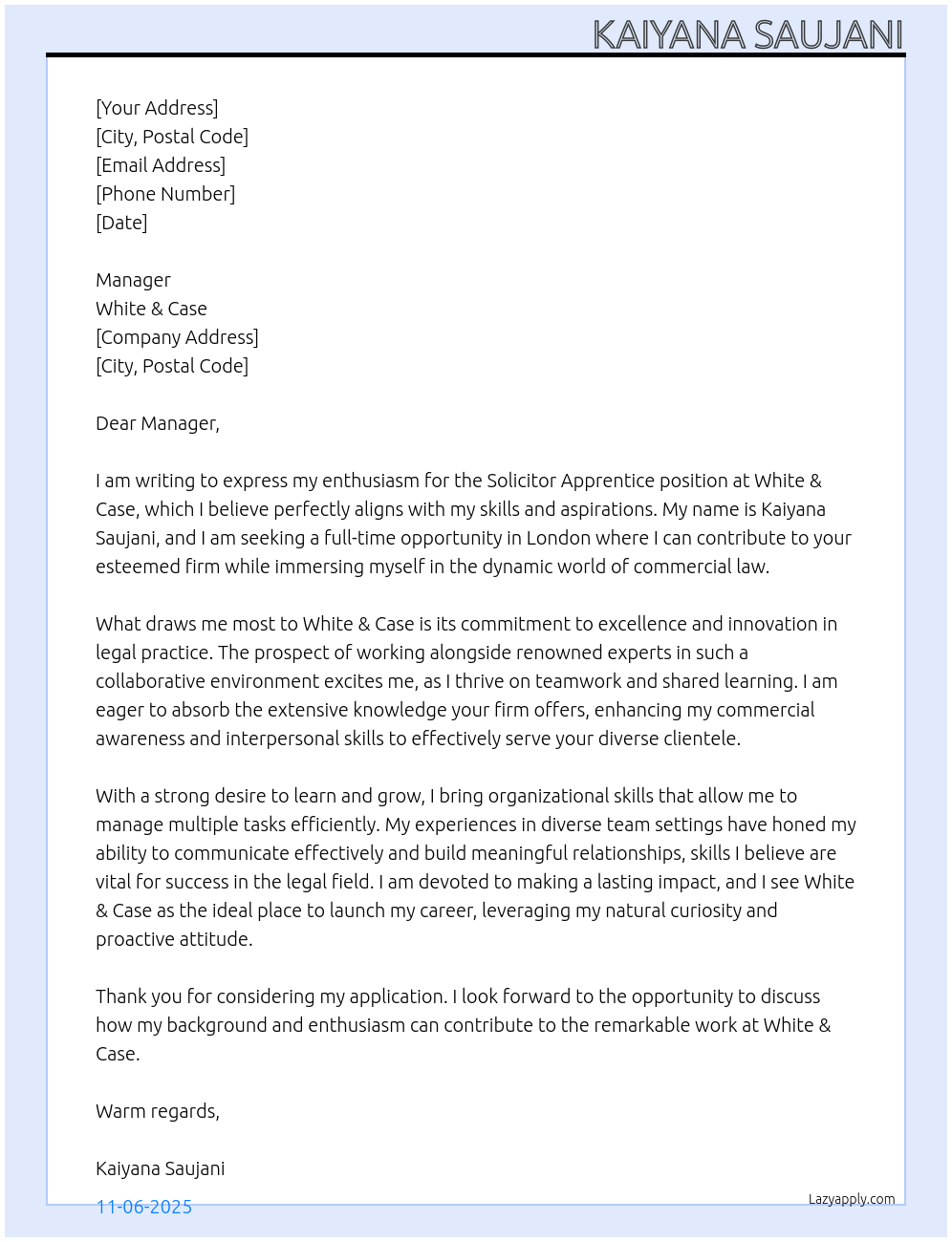 Cover letter for solicitor apprentice - LazyApply