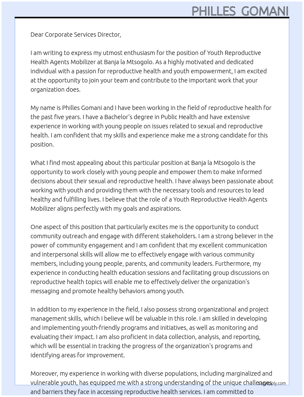 Cover letter for youth reproductive health agents mobilizers - LazyApply