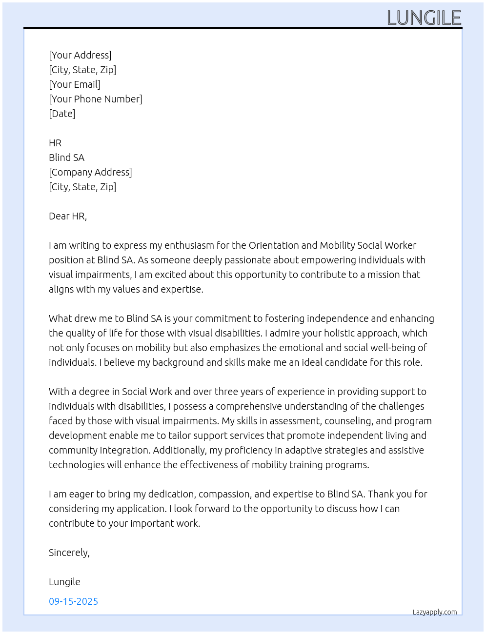 Cover letter for orientation and mobility social worker - LazyApply