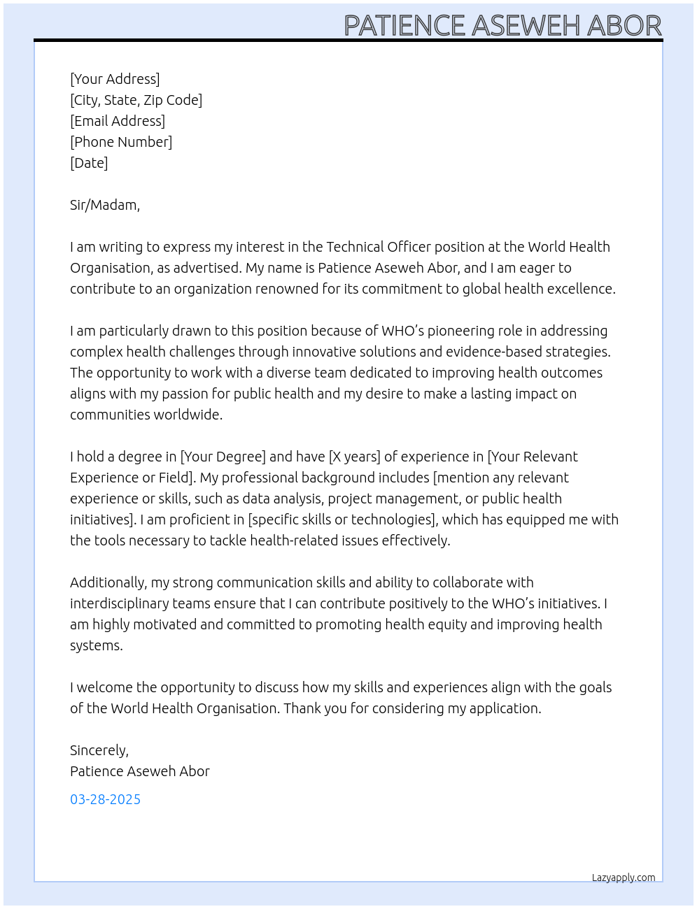 Cover letter for technical officer - LazyApply