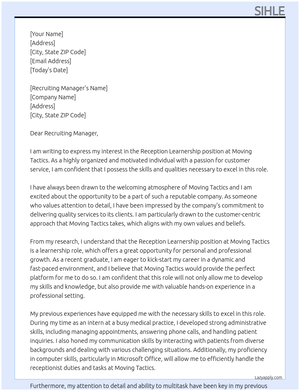 Cover letter for reception learnership - LazyApply
