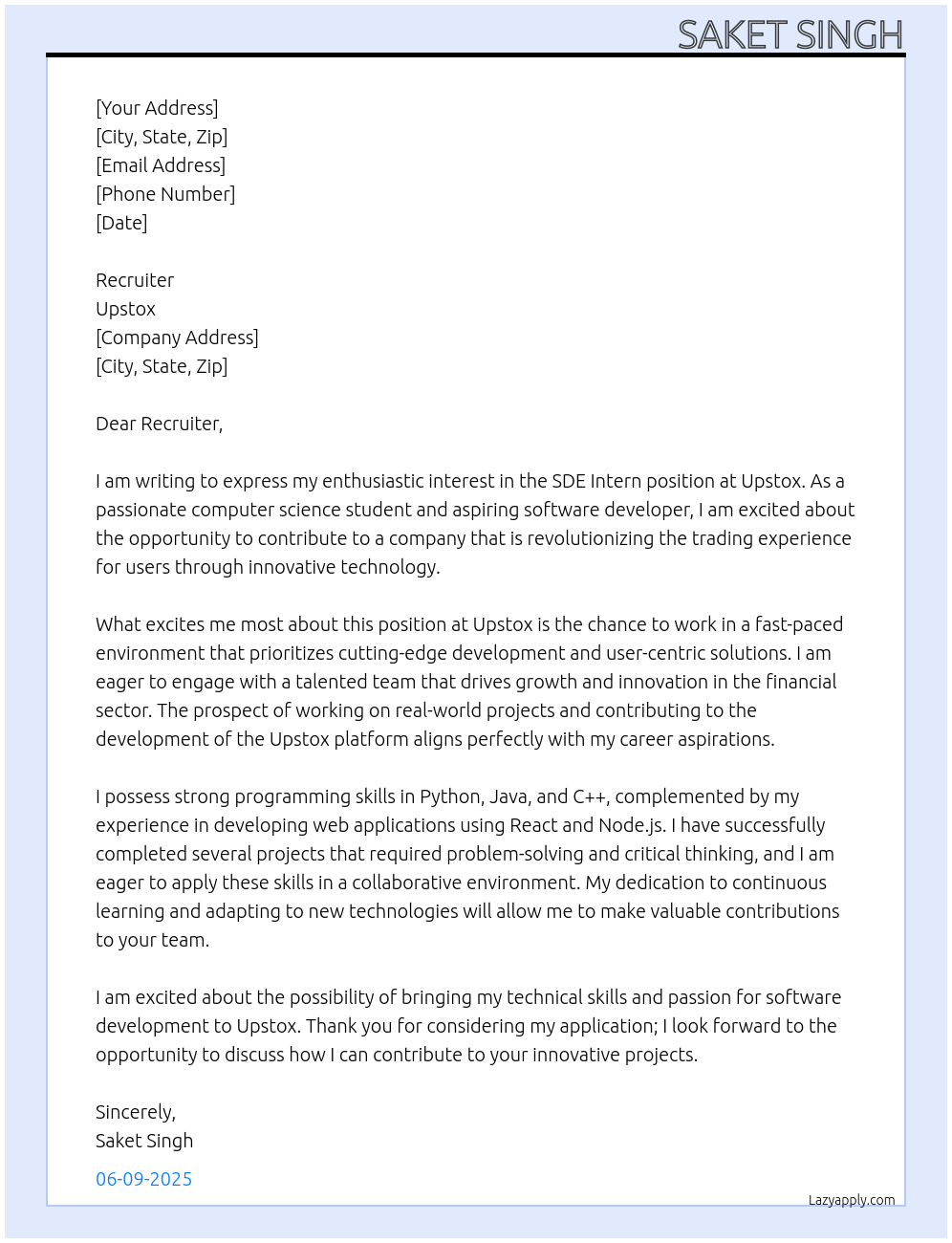 Cover letter for sde intern - LazyApply