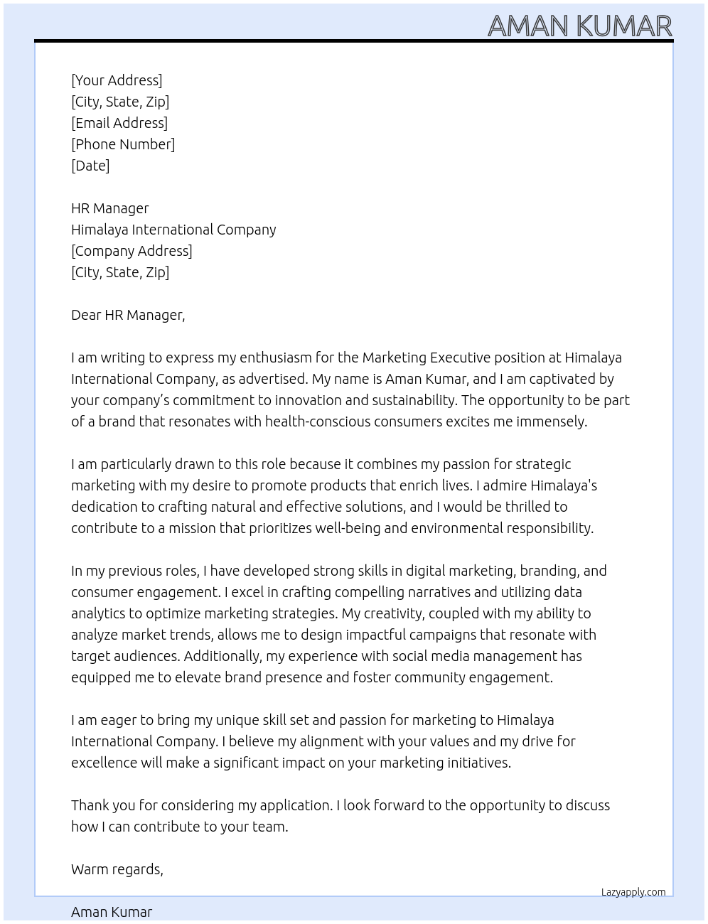 Cover letter for marketing executive - LazyApply