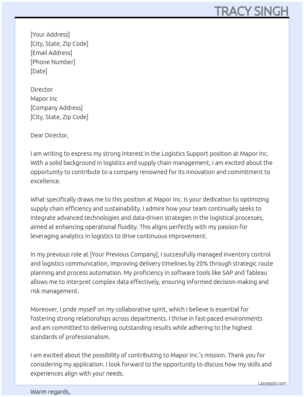 Cover letter for logistics support - LazyApply