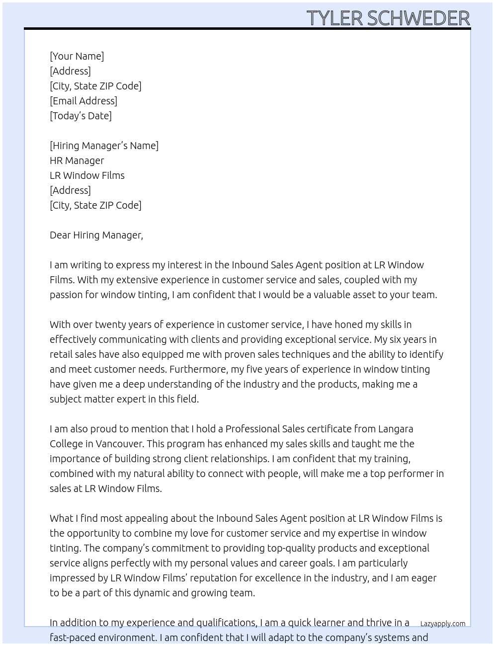 Cover letter for inbound sales agent - LazyApply