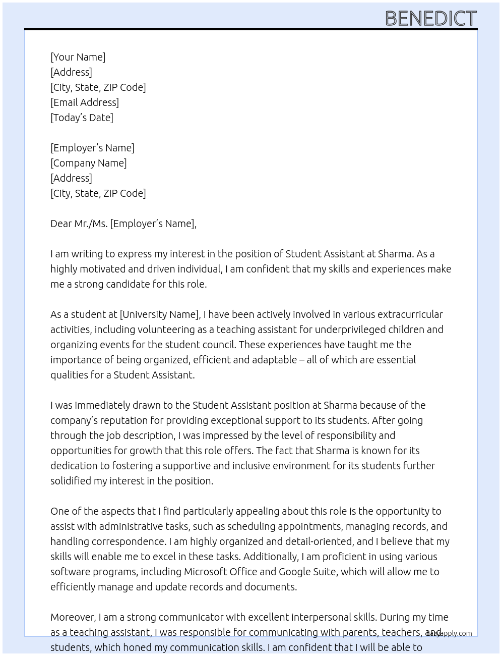 Cover letter for student assistant - LazyApply