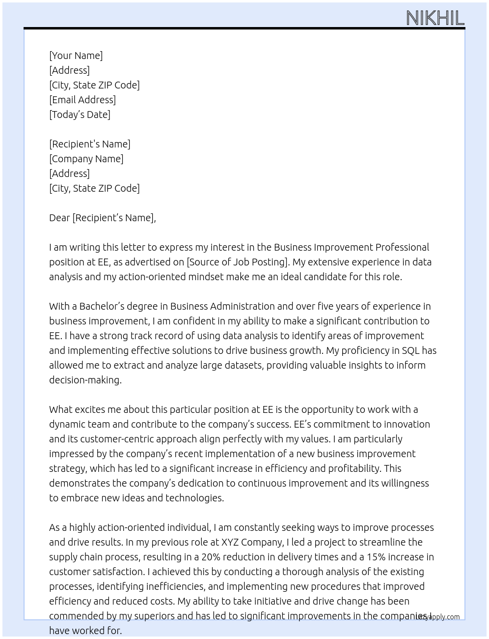 Cover letter for business improvement professional - LazyApply