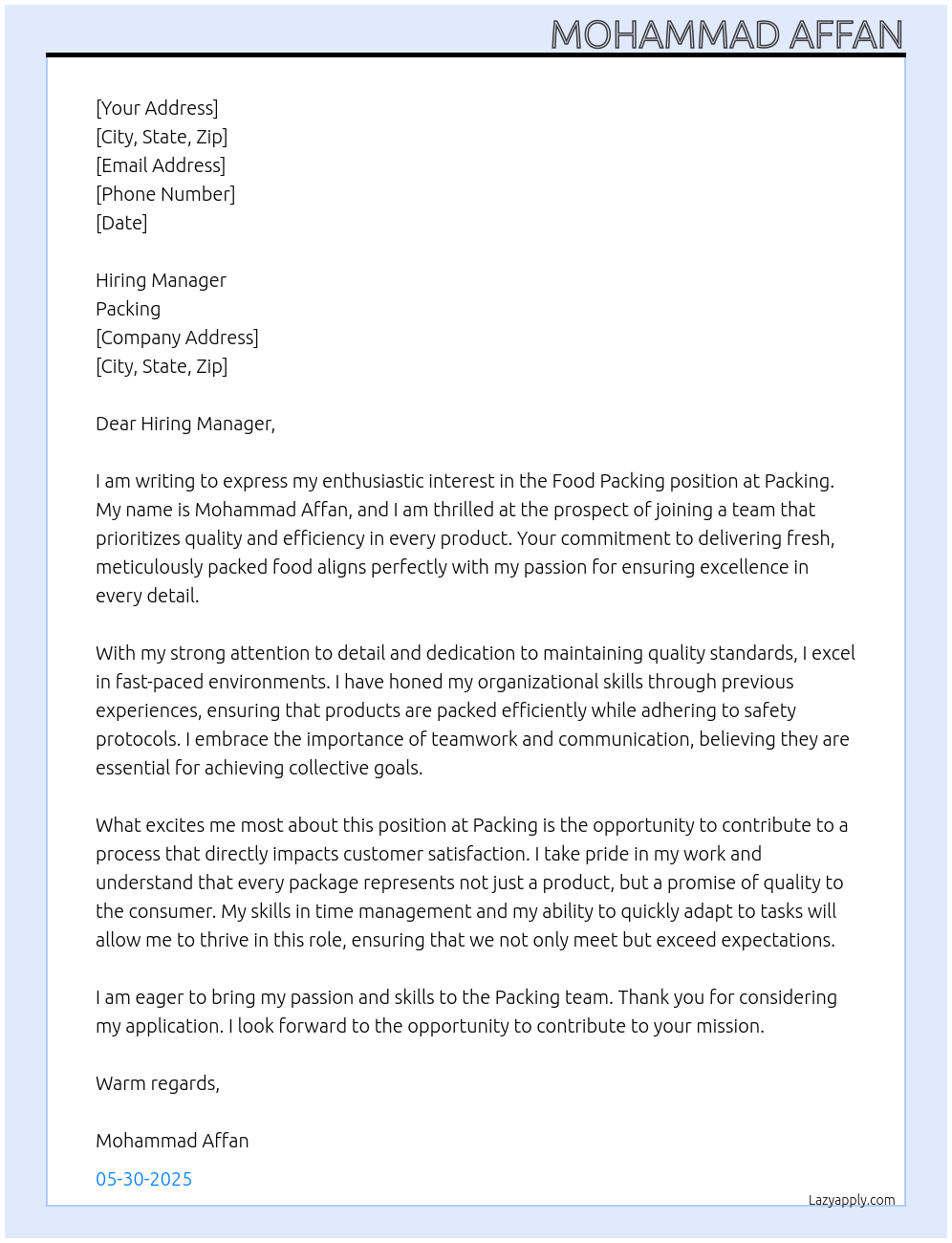 Cover letter for food packing - LazyApply
