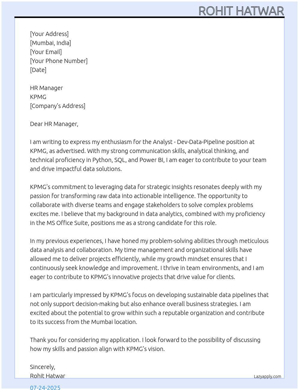 Cover letter for analyst - dev-data-pipeline - LazyApply