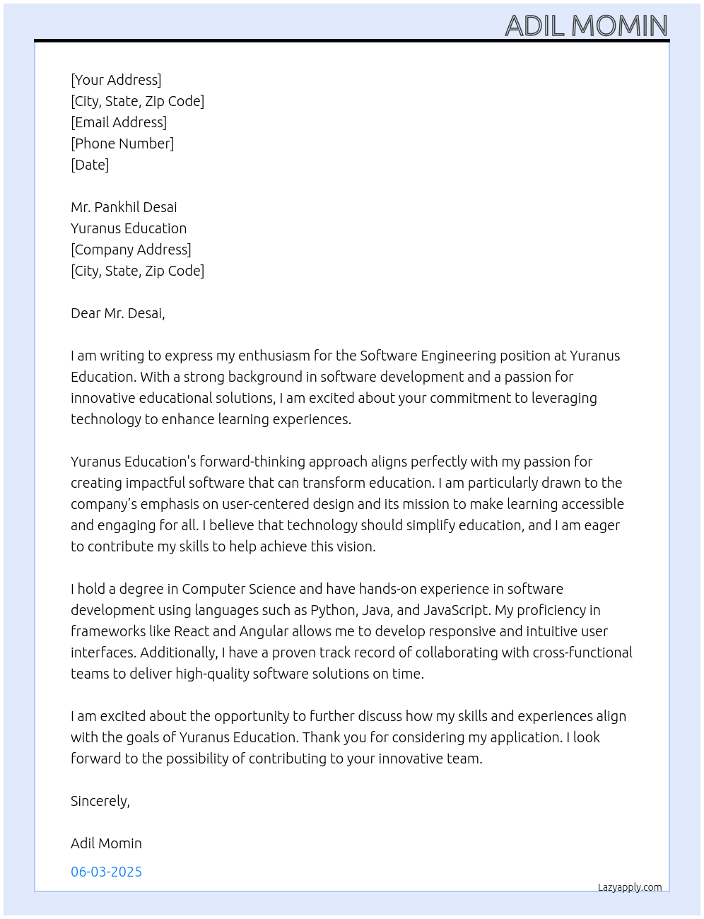 Cover letter for software enginering - LazyApply
