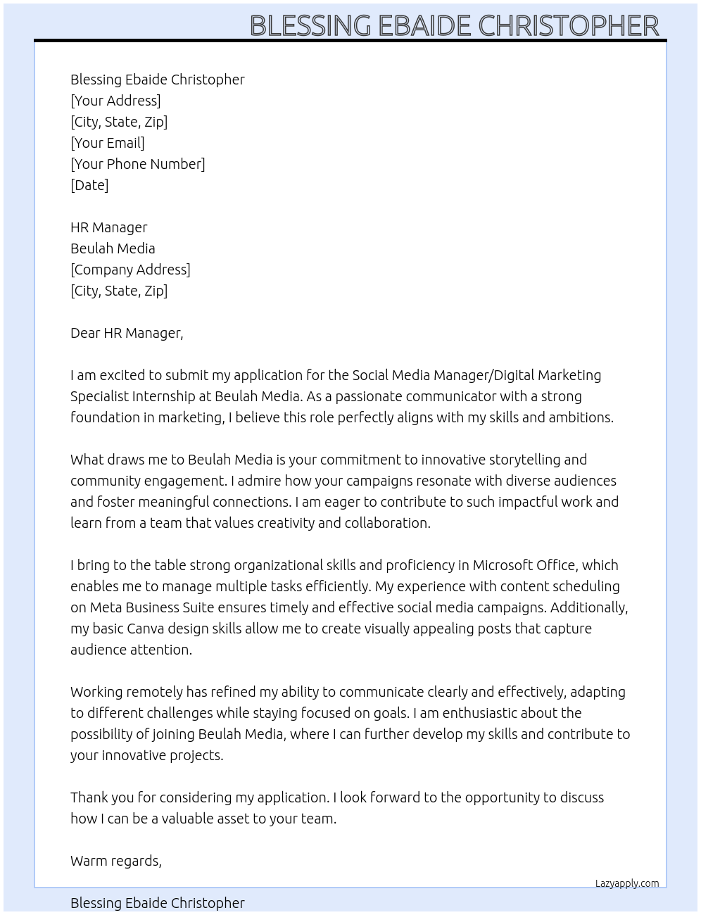 Cover letter for social media manager/ digital marketing specialist ...