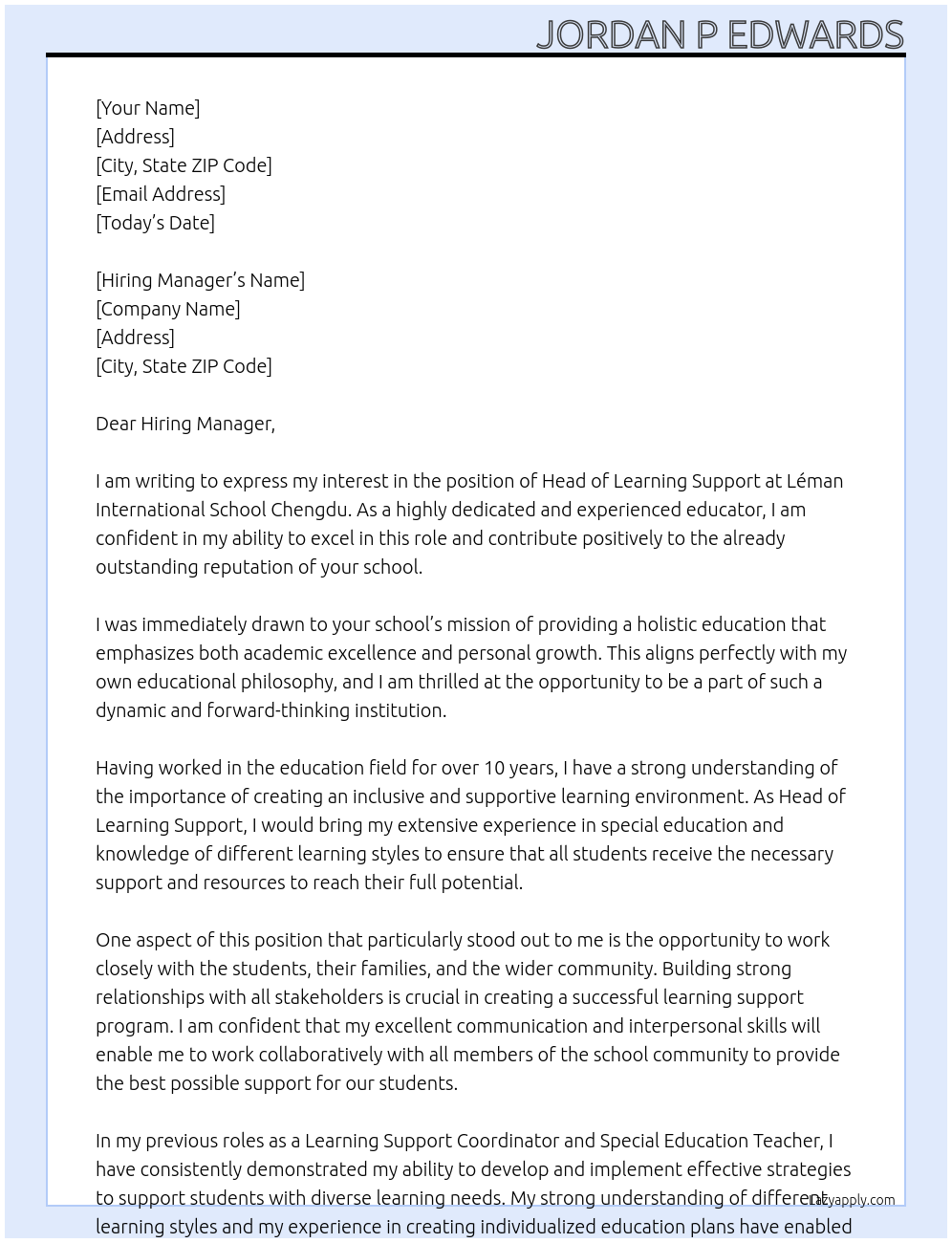 Cover letter for head of learning support - LazyApply