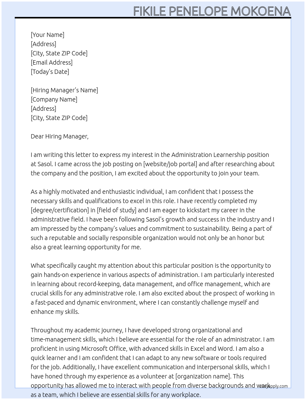 Cover letter for administration learnership - LazyApply