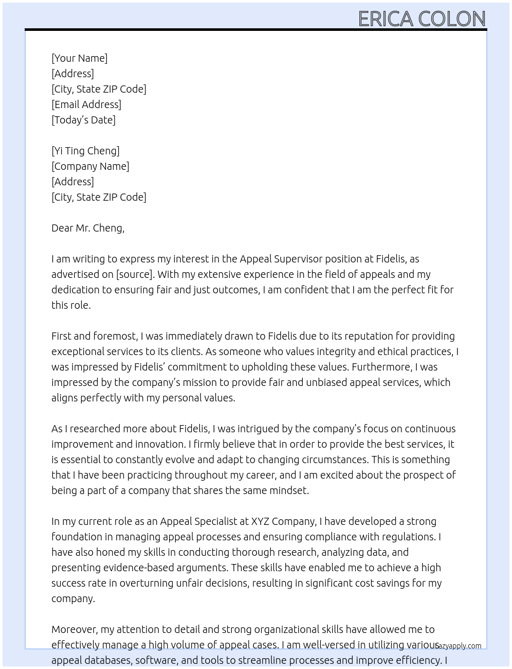 Cover letter for appeal supervisor - LazyApply