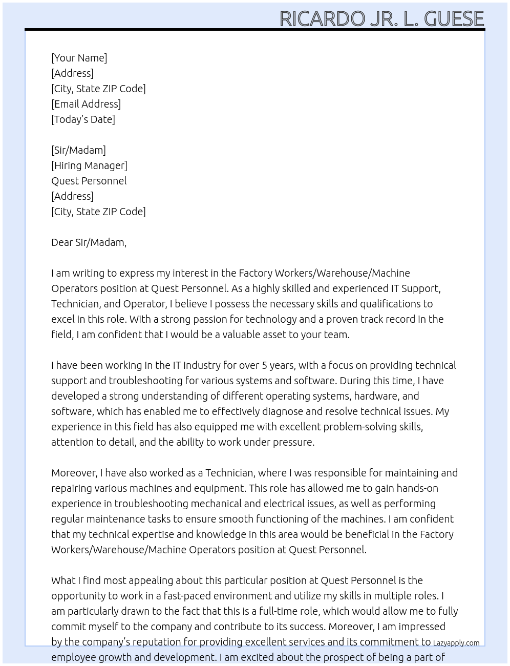 Cover letter for factory workers/ warehouse / machine operators - LazyApply