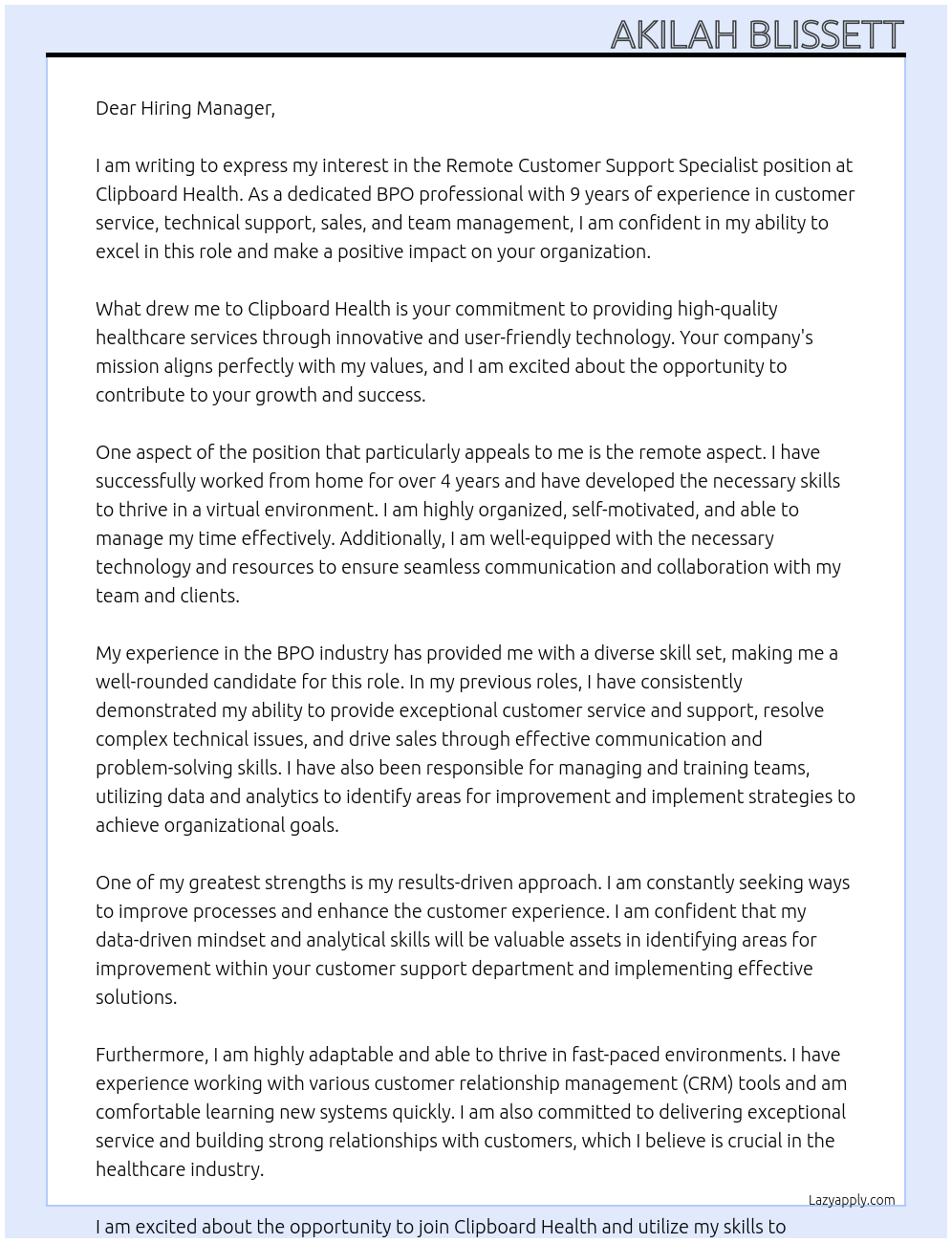 Cover letter for remote customer support specialist - LazyApply