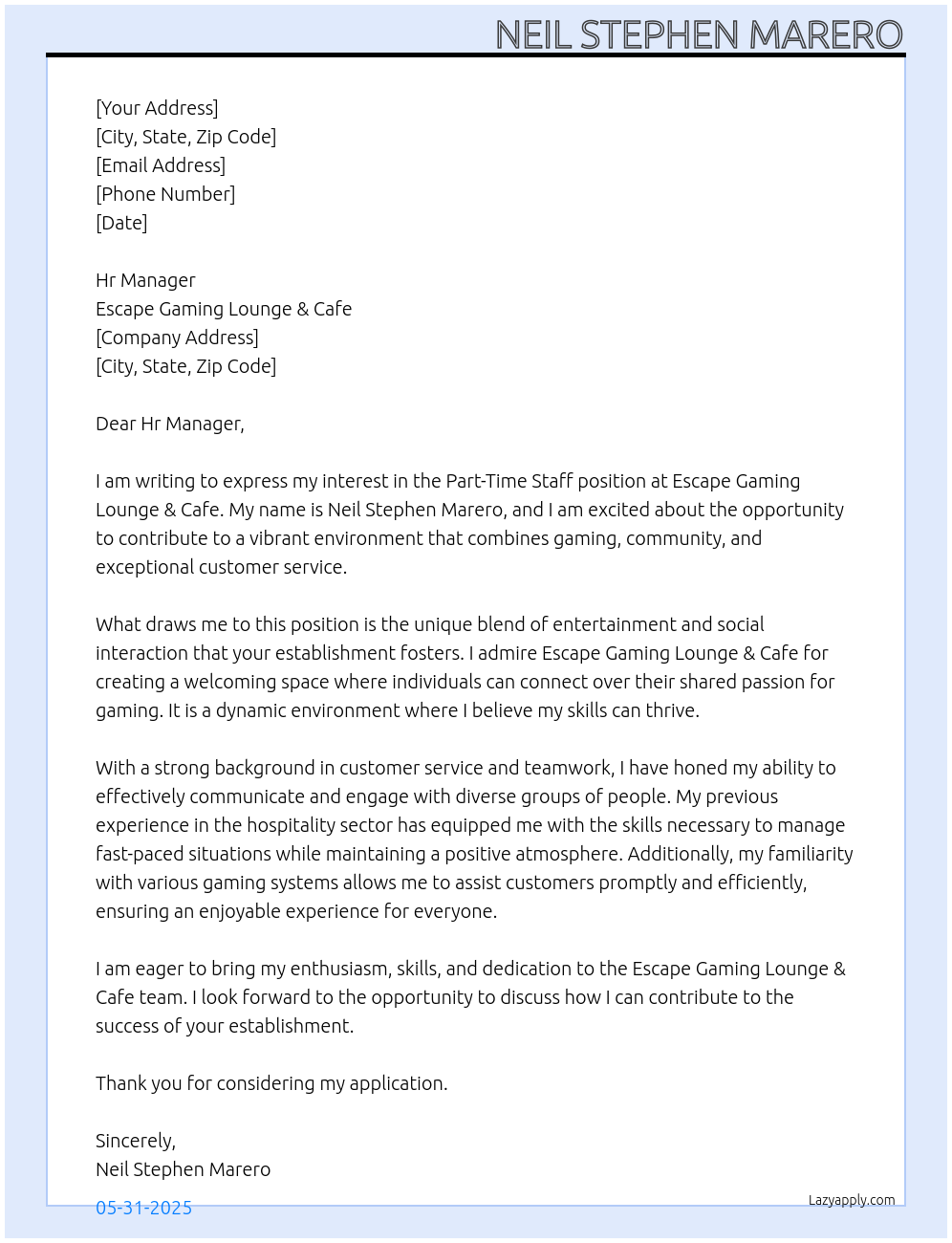 Cover letter for part-time staff - LazyApply