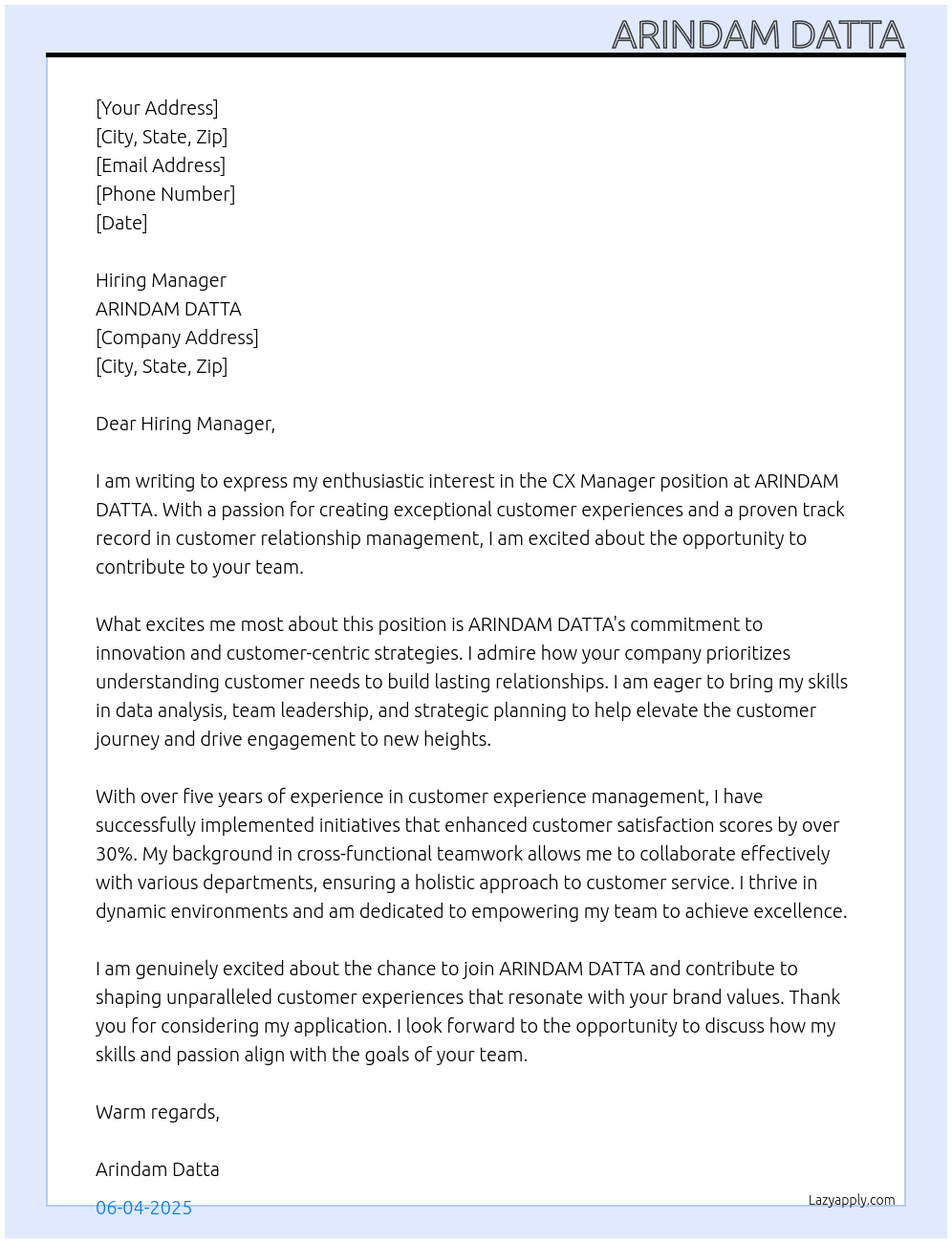 Cover letter for cx manager - LazyApply