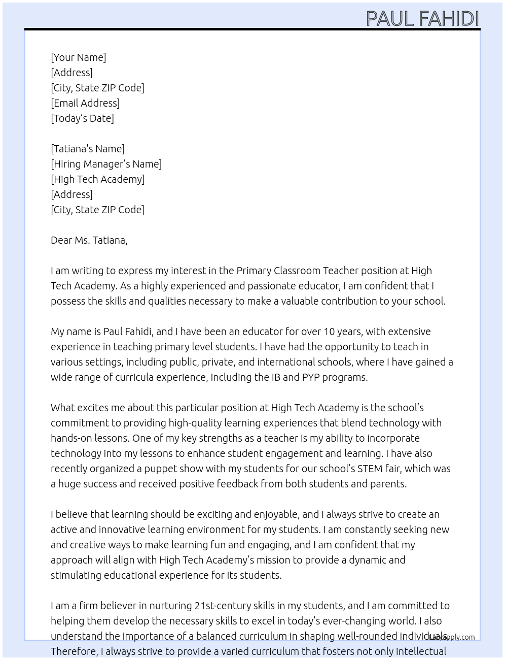 Cover letter for primary classroom teacher - LazyApply