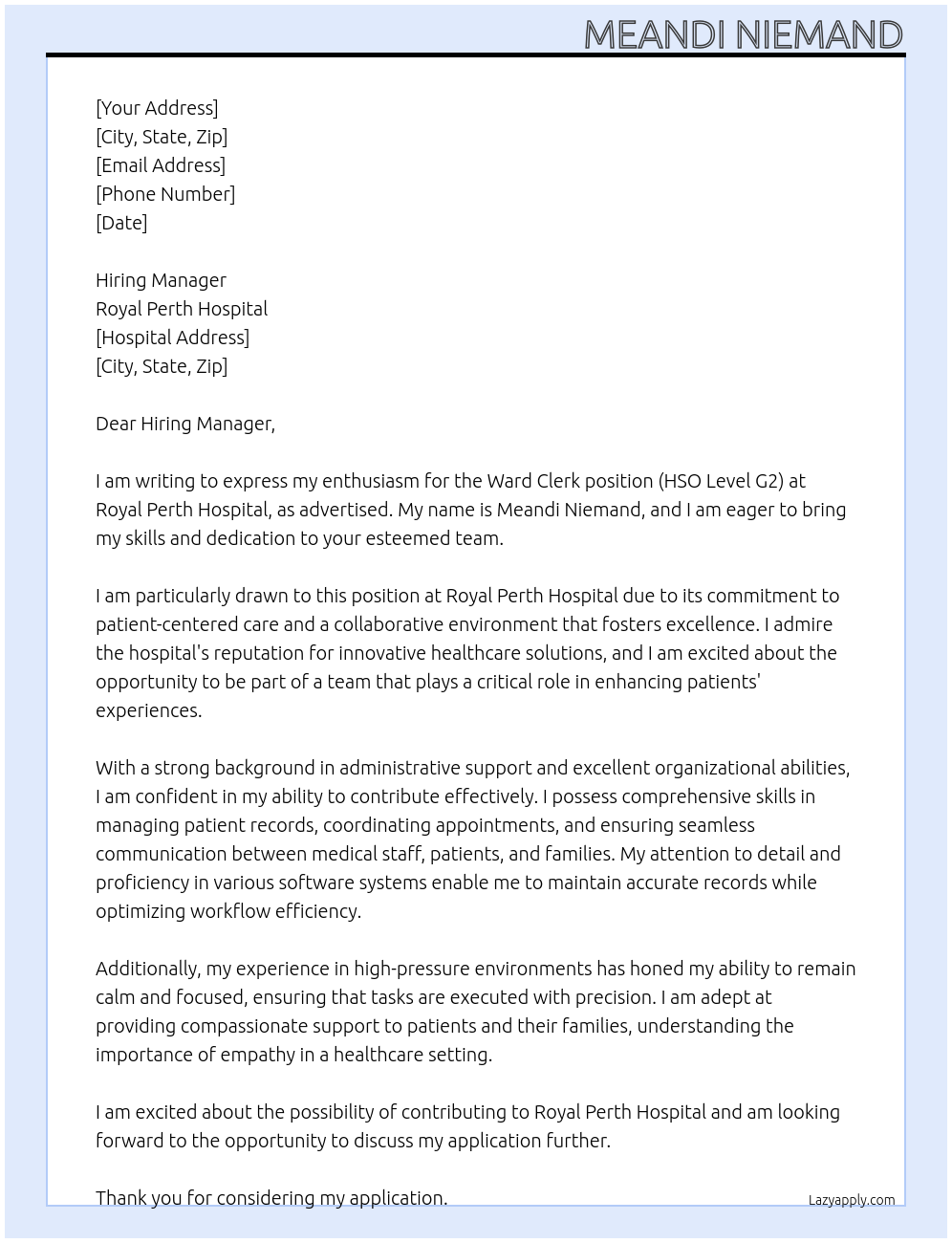 Cover letter for ward clerk hso level g2 - LazyApply