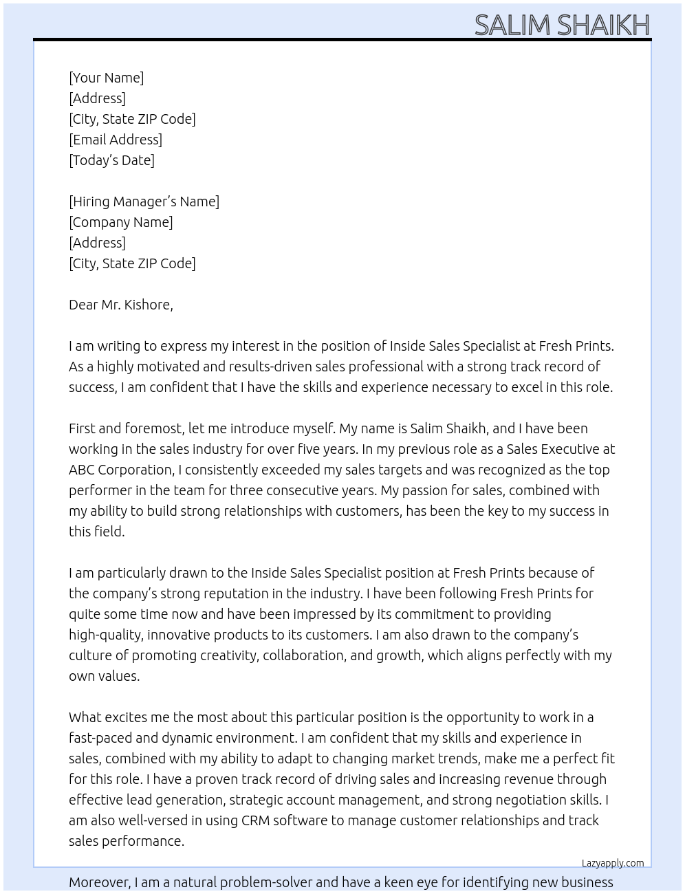 Cover letter for inside sales specialist - LazyApply