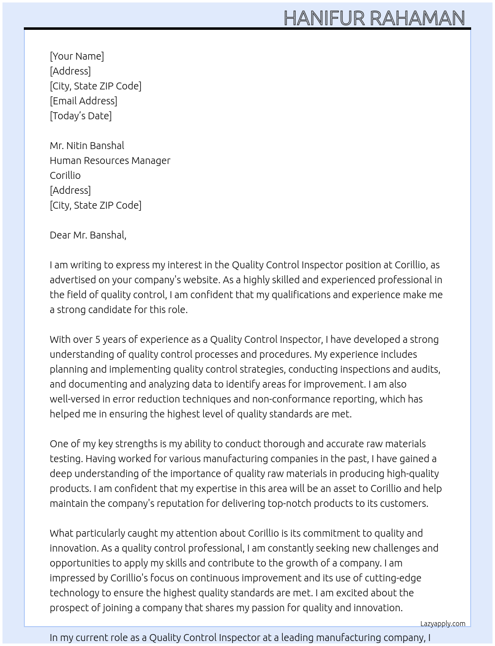 Cover letter for quality control inspecter - LazyApply