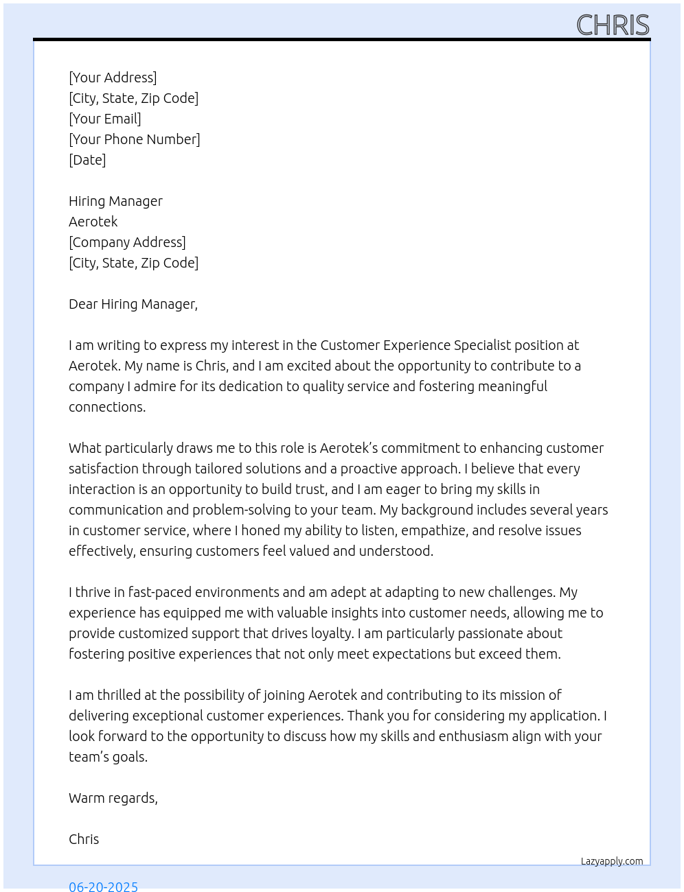 Cover letter for customer experience specialist - LazyApply